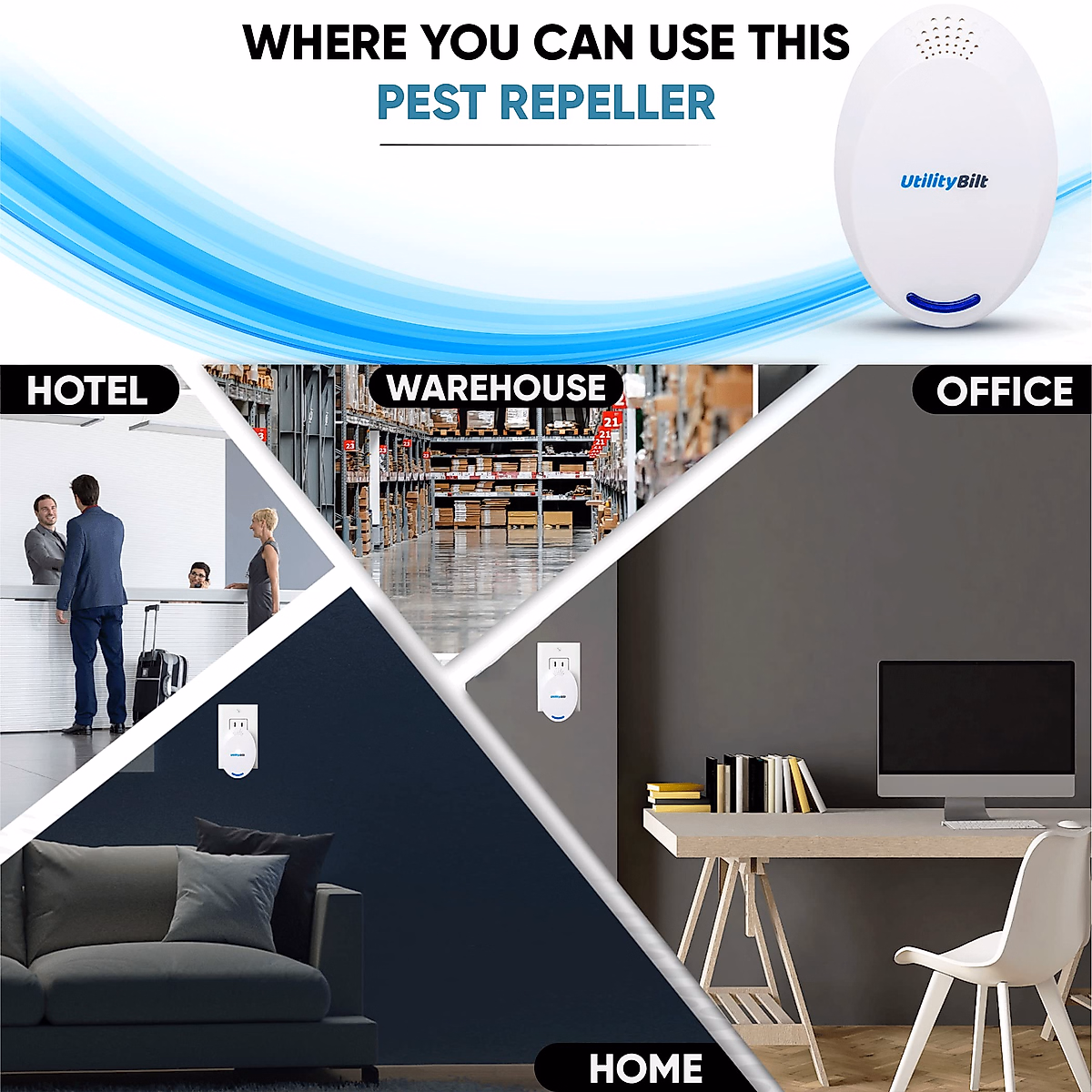 UtilityBilt Ultrasonic Pest Repeller indoor 4 Pack Pest Repellent Ultrasonic Plug in for Home and Kitchen | Mouse Repellent | Eco-Friendly Safe for Humans, Bug Repellent for Pest Control, mice, Spider