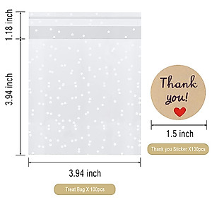 100PCS White Polka Dot Treat Bags Self Adhesive Candy Cookie Bags for Gift Giving with Stickers(3.94 x 3.94 Inches)