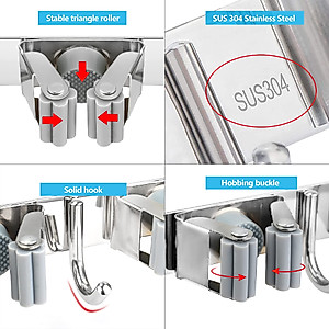 HANZENMA Broom Holder Wall Mount, Broom Organizer Wall Mount Stainless Steel Broom and Mop Hanger Heavy Duty Storage Organization for Home Kitchen Garden Garage Room 5 Racks 4 Hooks Grey