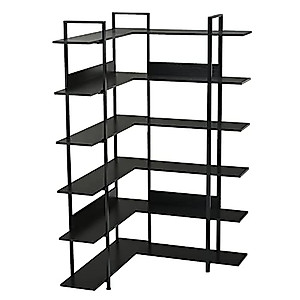 Corner Bookcase, 6-Tier L-Shaped Tall Bookshelf with Open Storage, Freestanding Industrial Shelf with Metal Frame for Home Office Funiture(Black)