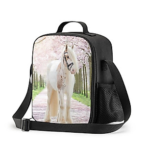 PrelerDIY White Horse Lunch Box - Insulated Lunch Box for Kids with Side Pocket & Shoulder Strap Lunch Bag, Perfect for School/Camping/Hiking/Picnic/Beach/Travel