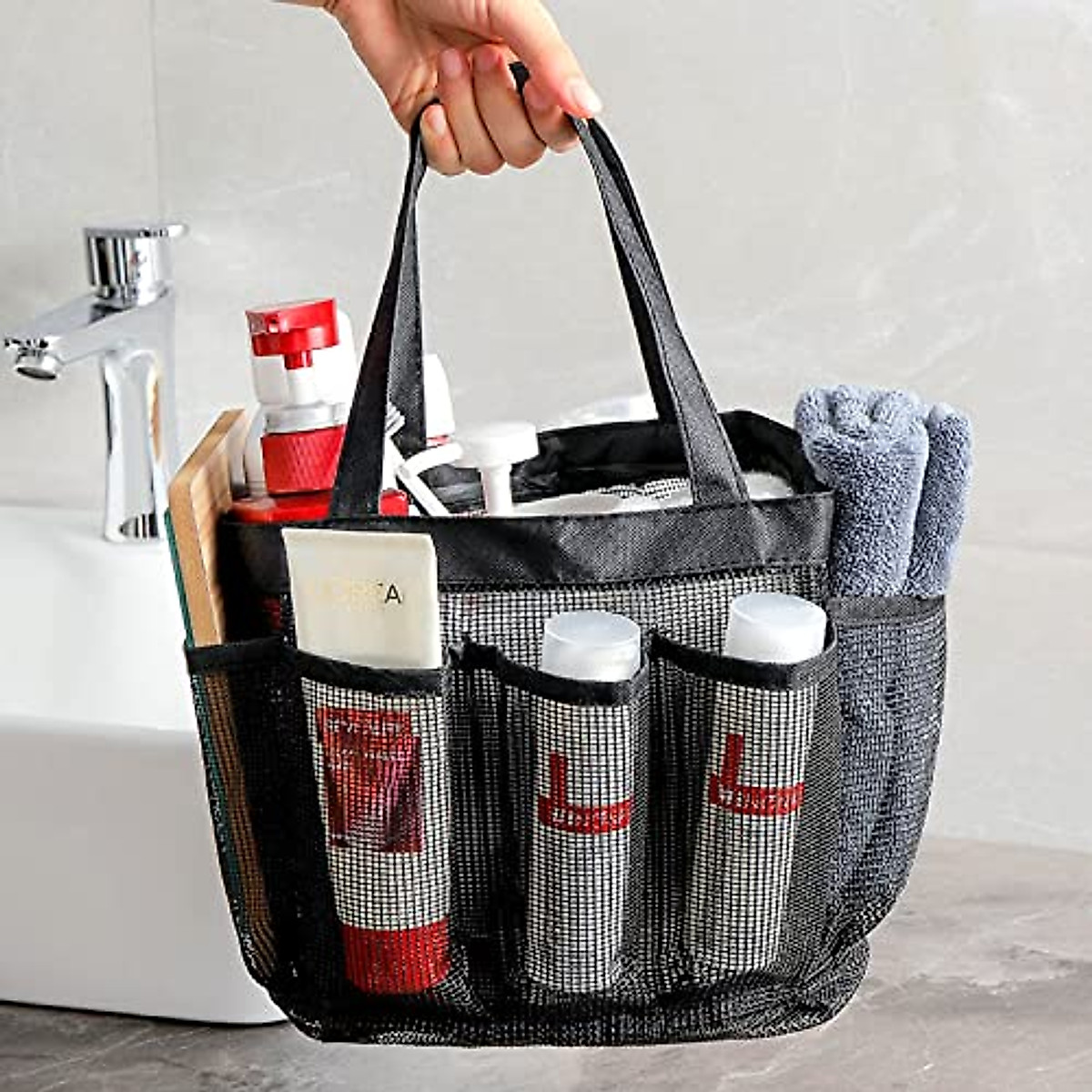 Mesh Shower Bag - Easily Carry, Organize Bathroom Toiletry Essentials While Taking a Shower Mesh Shower Caddy Basket with 8 Pockets, Hanging Portable Shower Tote Bag Toiletry Accessories for Bathroom