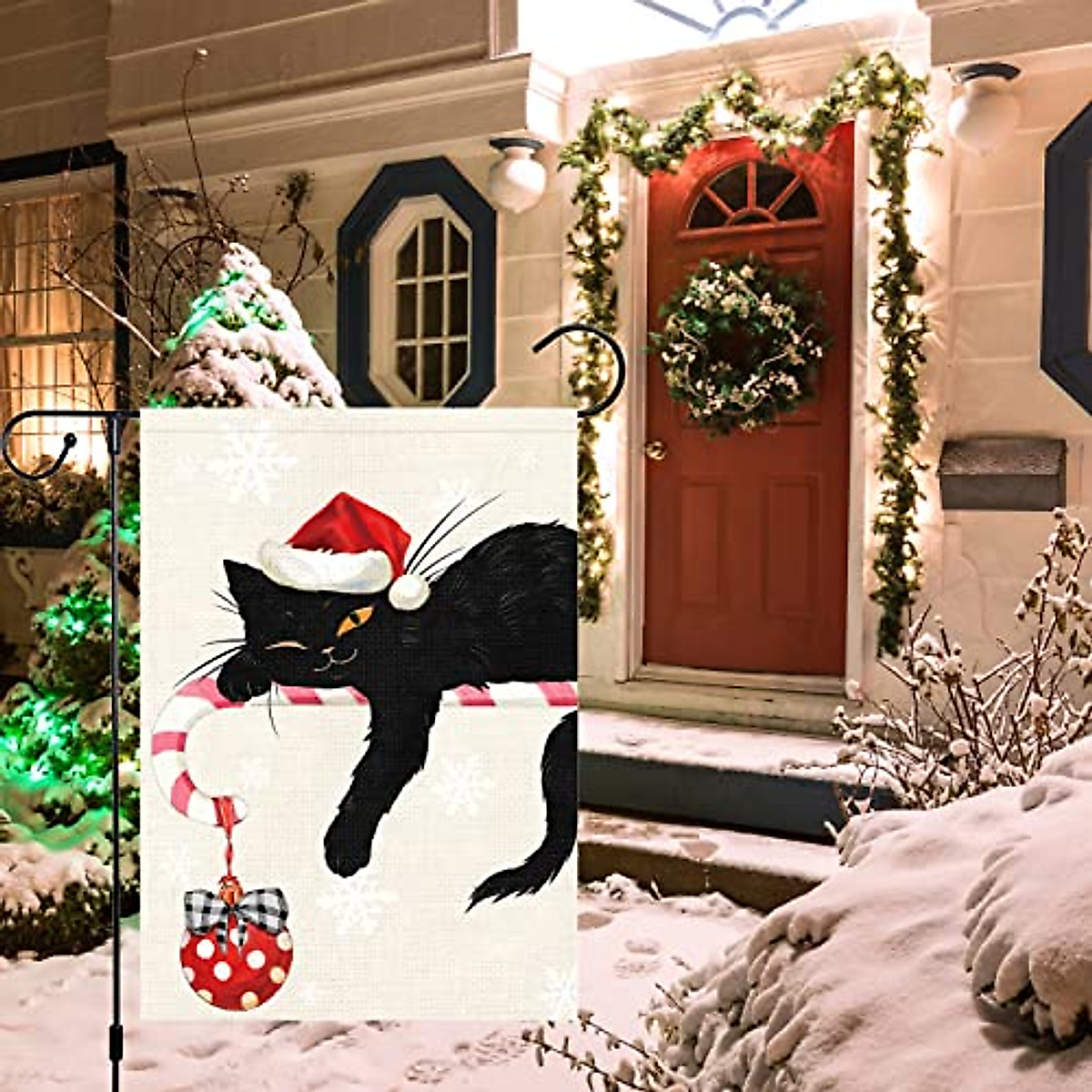 Merry Christmas Garden Flag 12x18 Double Sided, Burlap Winter Christmas Bell Black Cat Garden Yard Flags for Xmas Christmas Outside Outdoor Decoration (ONLY FLAG)
