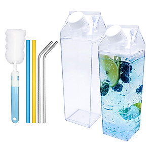 Bac-kitchen 2 Pack 17oz Milk Carton Water Bottle - Clear Square Milk Bottles BPA Free Portable Water Bottle with Straw and Bottle Brush for Outdoor Sports Travel Camping Activities