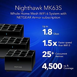 NETGEAR Nighthawk Advanced Whole Home Mesh WiFi 6 System (MK63S) with Free Armor Security – AX1800 Router with 2 Satellite Extenders, Coverage up to 4,500 sq. ft. and 25+ Devices (Renewed)