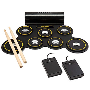 Ivation Portable Electronic Drum Pad - Digital Roll-Up Touch Sensitive Drum Practice Kit - 7 Labeled Pads 2 Foot Pedals Kids Children Beginners (with Speaker and Built in Rechargeable Battery)