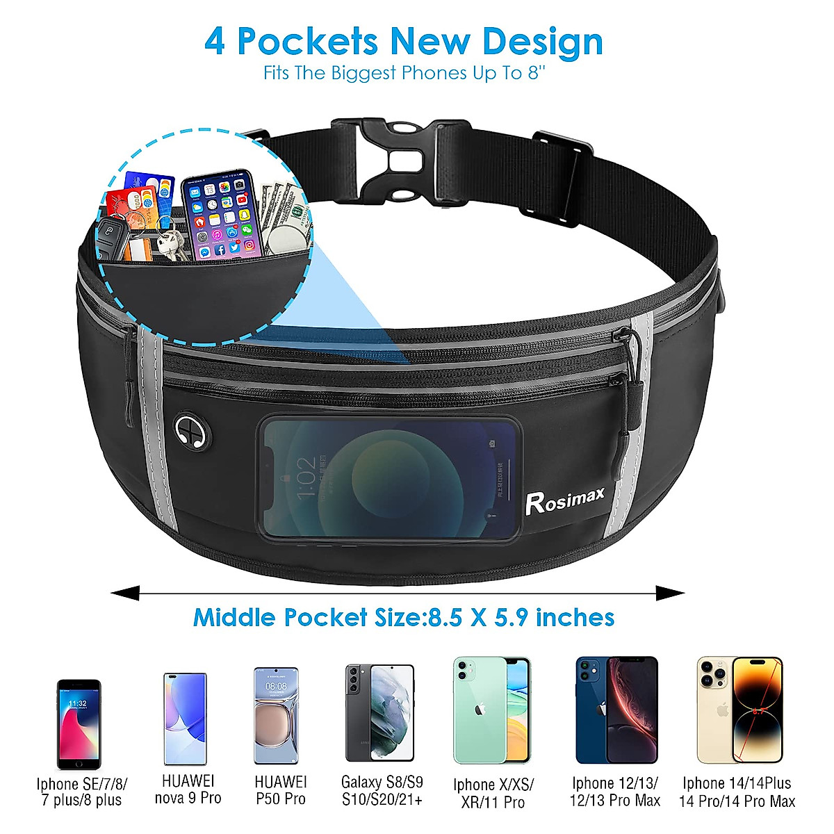 Running Belt Fanny Packs for Men Women,ROSIMAX Waist bag Money Belt Running Phone Holder 4 Pockets Lycra Water Resistant Runners Belt Pouch For Sports Workout Fits Big Phones Up to 8’’（X-Large)