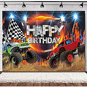 SVBright Truck Backdrop 7Wx5H Monster Baby Boys Kids Happy Birthday Party Racing Speed Checkered Grave Digger Cars Photography Background Banner Photo Booth Studio Polyester Fabric