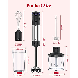 Electric Immersion Blender Handheld 1200W, 5-in-1 Hand Blender Mixer for Kitchen with 20-Speed & Turbo Boost, 600ml Chopper, 800ml Beaker, Whisk and Milk Frother for Soup, Smoothie, Puree, Baby Food