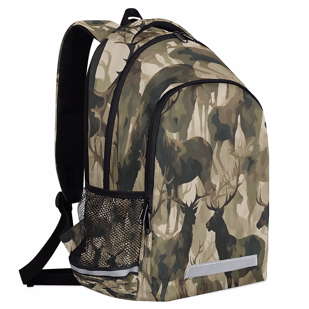 Funky Qiu Military Camo Camouflage Deer Backpack for Men Women Lightweight Laptop College School Bookbag Casual Daypack for Travel Hiking Camping with Reflective Strip