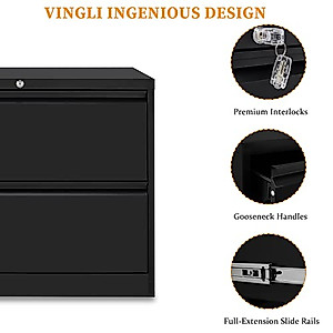 VINGLI Wide Lateral 2 Drawer File Cabinet with Lock, Metal File Cabinets for Home Office, Black File Cabinet Printer Stand for Hanging Letter/Legal Size File Folders with Tabs, Easy Assembly Required