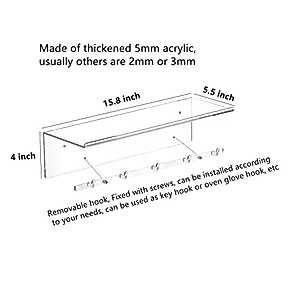 LikeU 4 PCS Clear Acrylic Floating Shelves Display Ledge,5 MM Thick Wall Mounted Storage Shelf with Detachable Hooks for Entryway/Living Room/Kitchen or Office 15.8 Inch Damage Free Bathroom Shelves
