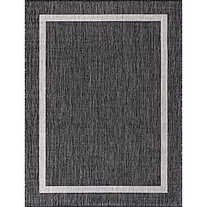 Beverly Rug Waikiki Indoor Outdoor Rug 5x7, Washable Outside Carpet for Patio, Deck, Porch, Bordered Modern Area Rug, Water Resistant, Dark Grey - Light Grey