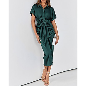 BTFBM 2024 Women Button Down Ruched Shirt Dresses Short Sleeve Lapel V Neck Elegant Party Spring Summer Maxi Satin Dress(Short Sleeve Dark Green, Medium)