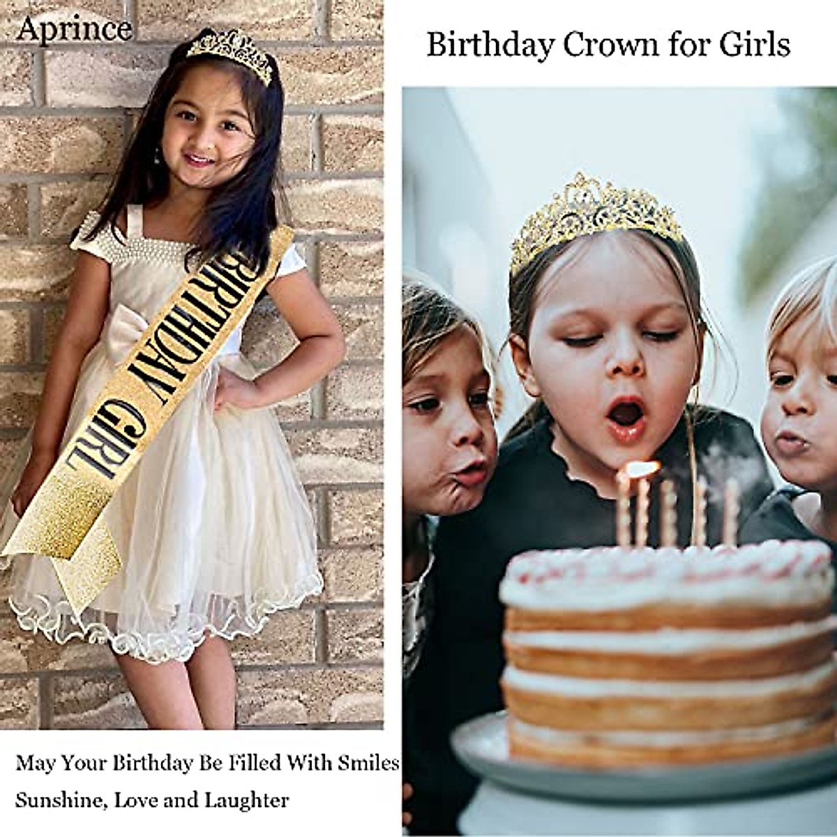 Aprince Birthday Crown & Birthday Girl Sash Set, Rhinestone Tiaras and Crowns for Women Girls Gold Tiara Birthday Gold Sash Princess Tiaras Queen Crowns for Birthday Prom Photoshoot
