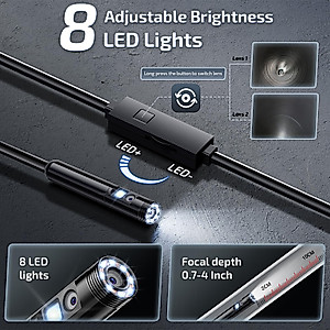 [Dual-Lens] Endoscope Camera with Light, 1920P Borescope Inspection Camera with 8+1 Adjustable LED Lights, Semi-Rigid Snake Cable 16.5FT, IP67 Waterproof for iPhone, iPad, Samsung,Cool Gadgets for Men
