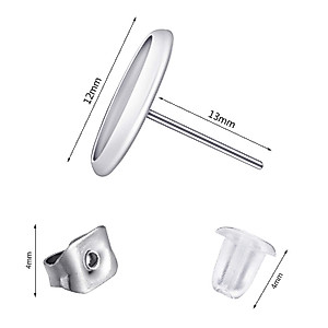 300 Pieces Stud Earring Kit Include 100pcs 12 mm Stainless Steel Blank Stud Bezel Settings 100 Rubber Backs 100 Earring Backs (Silver with Silver and Clear)