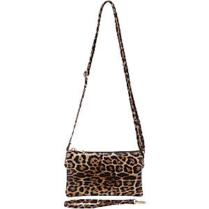 B BRENTANO Vegan Leather Multi-Pocket Crossbody Purse/Clutch with Card Slots, Removable Wristlet & Adjustable Shoulder Strap (Leopard Black)