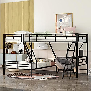 L-Shaped Metal Triple Bunk Bed for 3, Twin Over Full Bunk Bed with a Twin Size Loft Bed Attached, with a Desk, 3 Beds Bunk Bed Frame for Kids Teens Adults - Black