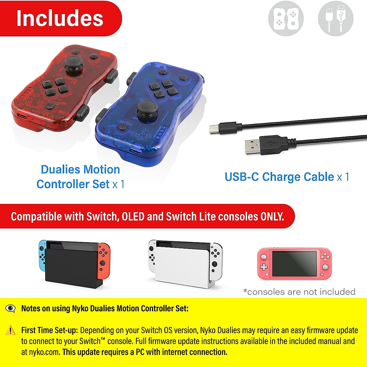 Nyko Dualies Controller Set for Nintendo Switch - Red/Blue: Comfortable, Responsive, and Precise Wireless Gaming with Motion Control, USB C Charge Cable. Joycon Alternative
