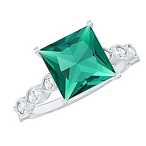 Rosec Jewels Certified Lab Grown Emerald 8mm Princess Cut Engagement Ring, AAAA Quality, Emerald Moissanite Side Stone Ring, 14K White Gold, Size:US 11.00
