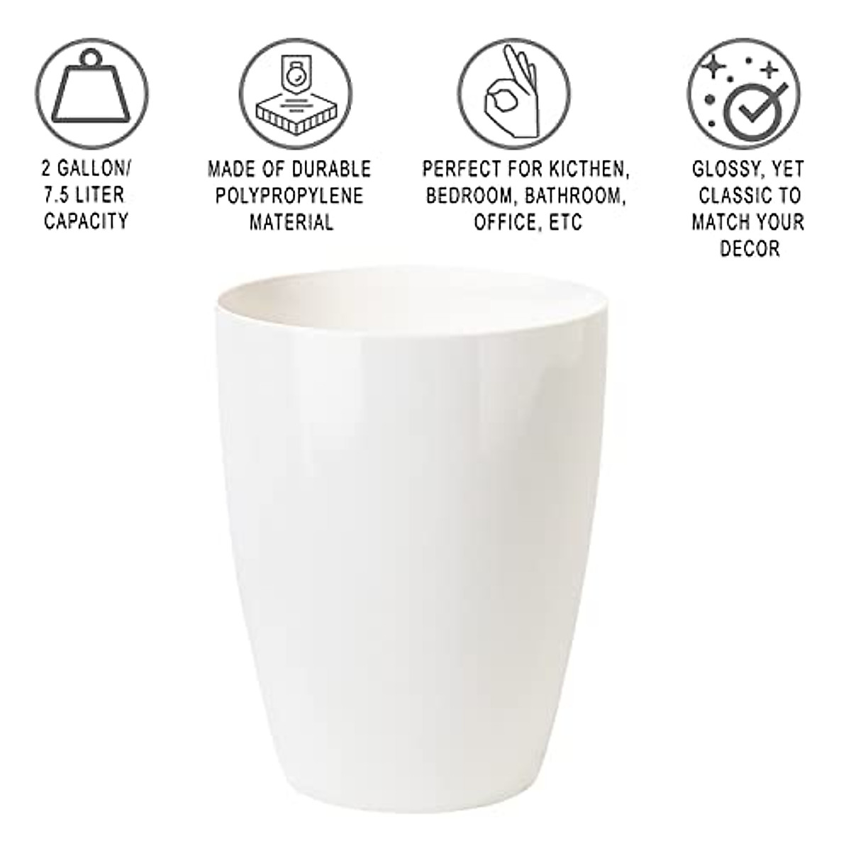 Small Trash Can – Open Top Garbage Cans for Kitchen, Office, Dorm, Bathroom, etc. –Waste Can for Compact/Tight Spaces – The Perfect Bathroom Trash Can - 2 Gallon Trash Bin – Glossy White