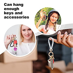 MUGVOLAX Anti-Lost car Keychains, Key fob Chains with Phone Number Plate, Leather Woven key chains, Accessories With Bling Rhinestones (White)
