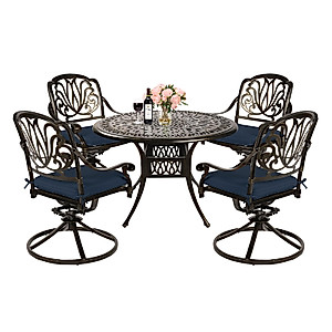 MEETWARM 5-Piece Outdoor Patio Dining Set, All-Weather Cast Aluminum Patio Conversation Set for Backyard Garden Deck with 4 Cushions Swivel Rocker Chairs and 35.4" Round Table, Navy Blue