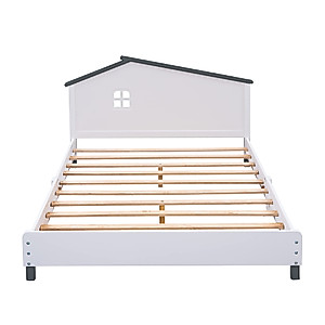 Merax Kids Beds with House Frame Headboard Full Size, Fun Wood Low Bed Frame for Boys,Girls, No Box Spring Need (Full, White+Gray)