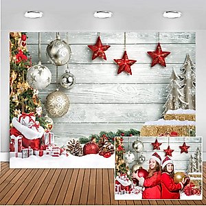 CHAIYA 7X5FT Christmas Backdrop White Wood Floor Photography Backdrop Winter Snow Christmas Balls Xmas Tree Gift Family Party Photo Background New Year Party Decoration Backdrops CY194