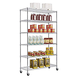 18" D×48" W×72" H Wire Shelving Unit Metal Shelf with 6 Tier Casters Adjustable Layer Rack Strong Steel for Commercial Restaurant Garage Pantry Kitchen Garage，Chrome