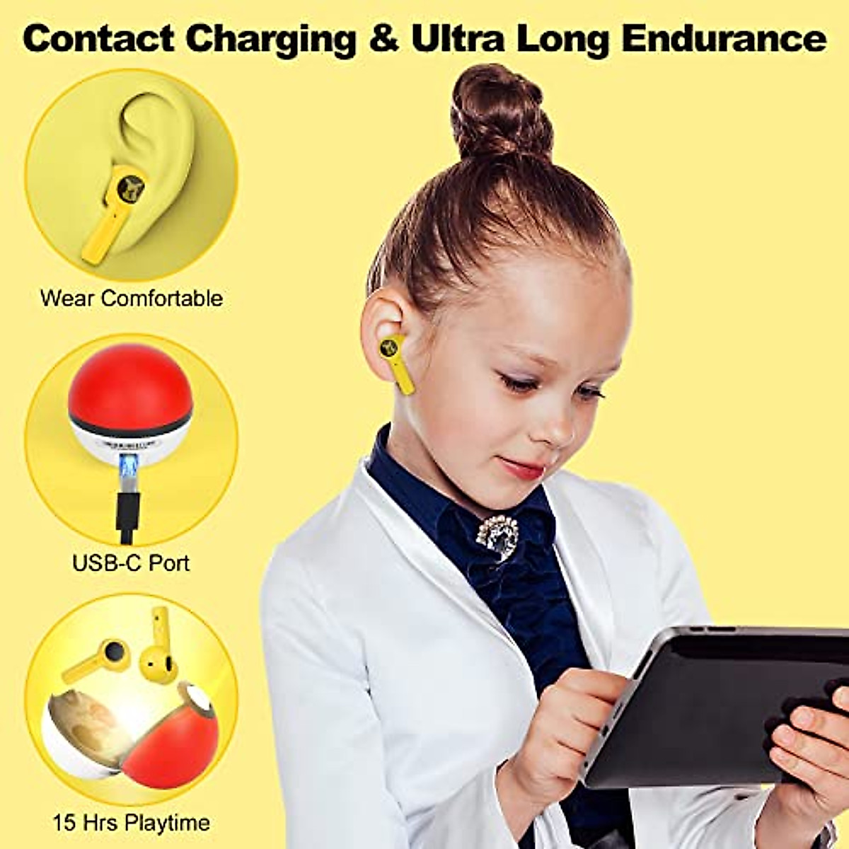 DEKYJUE Kids Wireless Earbuds with Elf Ball Charging Box Touch Control Bluetooth Wireless Ear Buds for Kids Waterproof Wireless Earphones with Microphone for Android iOS Cell Phone Computer Laptop