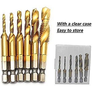 Bestgle 6 Packs Hex Shank Titanium Coated Countersink Tap Drill Bit Set, HSS Screw Thread Metric Combination Tap Drill, M3-M10