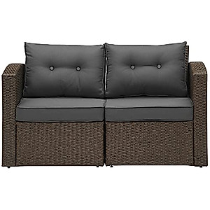 SUNVIVI OUTDOOR Outdoor Patio Loveseat, 2 Piece Brown Wicker Rattan Outdoor Furniture Couch Sofa with Non-Slip Grey Cushions,Outdoor Loveseat Sofa Chair Furniture