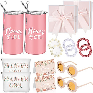 Sieral 16 Pcs Flower Girl Gift Flower Girl Tumbler with Straw Bridesmaid Gifts Flower Girl Proposal Box Bow Canvas Bag Sunglasses Hair Scrunchies Hair Clips Proposal Card for Wedding Birthday Party