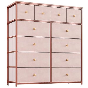 EnHomee Pink Dresser for Girls Bedroom with 12 Drawers, Dresser for Bedroom with Sturdy Metal Frame and Wooden Top, Bedroom Dressers & Chests of Drawers for Bedroom, Nursery, Closet, Pink