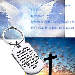 BEKECH Guardian Angel Keychain Angel of God My Guardian Dear Prayer Dog Tag Pendant Keychain Guardian Angel Protect Traveller Gift Religious Baptism Gift (silver)