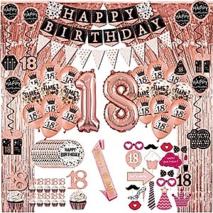 18th birthday decorations for girls - (76pack) rose gold party Banner, Pennant, Hanging Swirl, birthday Balloons, Foil Backdrops, cupcake Topper, plates, Photo Props,Sash,happy 18th Birthday gifts
