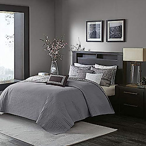 Madison Park Quilt Set Luxurious Jacquard Stripes Design - All Season, Coverlet Bedspread Lightweight Bedding Layer, Shams, Decorative Pillow, Full/Queen(90"x90"), Chevron Grey/Taupe 6 Piece