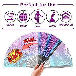 OMyTea Rave Hand Fan Foldable for Women/Men/Drag Queen - Large Clack Festival Folding Hand Fan - for EDM, Music Festival, Event, Party, Dance, Performance (Psychedelic Flowers)