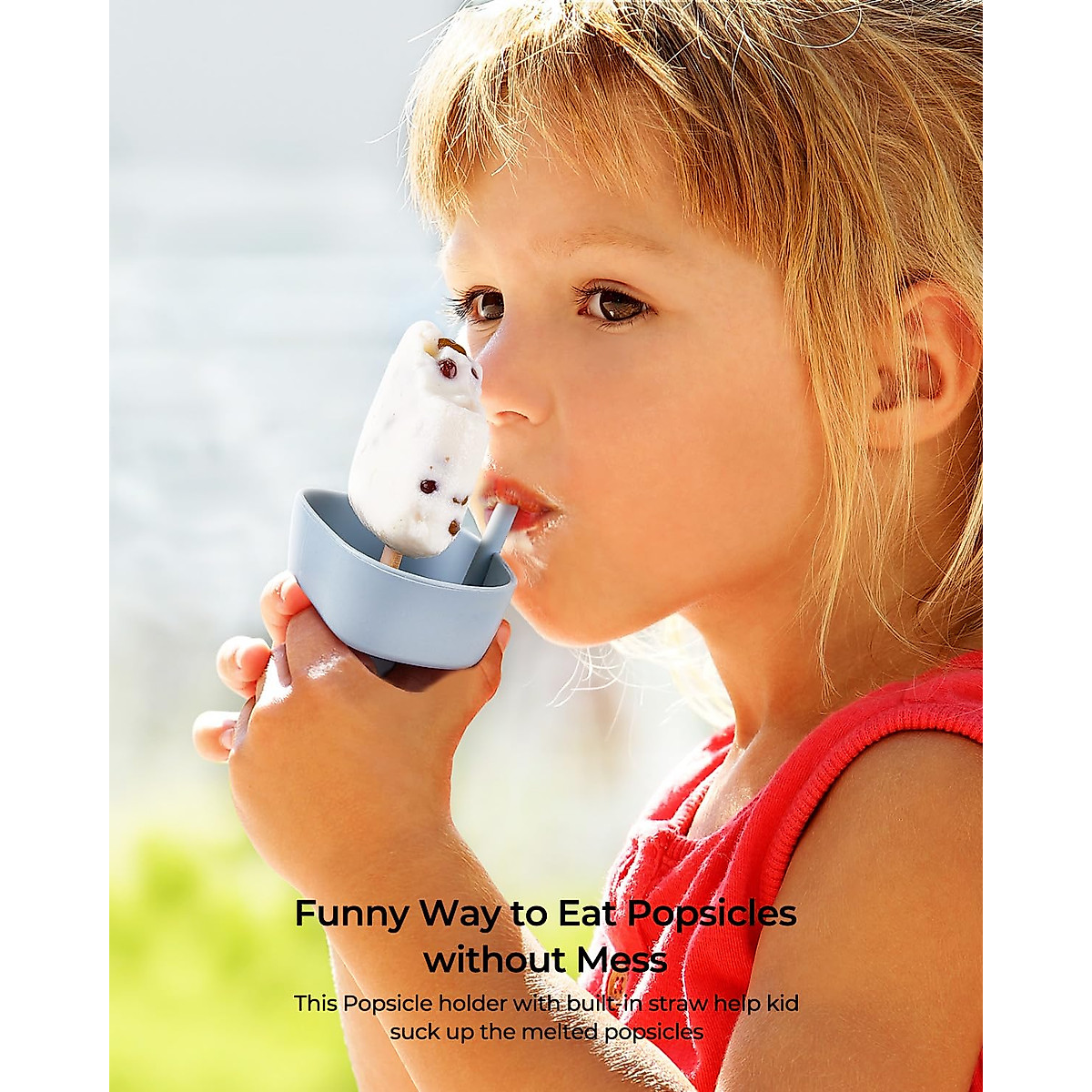 4Pack Drip-Free Silicone Popsicle Holders, AODISTUCE Popsicle Holder with Straw | with 2 Slots Fit Standard & Wide sized sticks Drip Free Popsicle Stick Holder Popsicle Drip Catcher