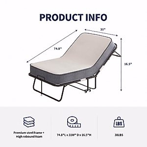 ZAFLY Folding Bed with 4 Inch Folding Mattress,Twin Size Portable Foldable Guest Bed Cot Bed for Adults,Space Saving Fold Up Rollaway Bed with Metal Frame and Headboard,75 x 31 Inch, 21055-A, Grey