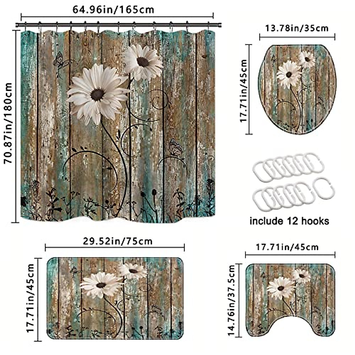 4 PCS Rustic Flower Shower Curtain Set with Non-Slip Rug,Toilet Lid Cover,U Shape Mat,Farmhouse Waterproof Fabric Shower?Curtains with 12 Hooks and Rug Mat Set for Bathroom,71''L