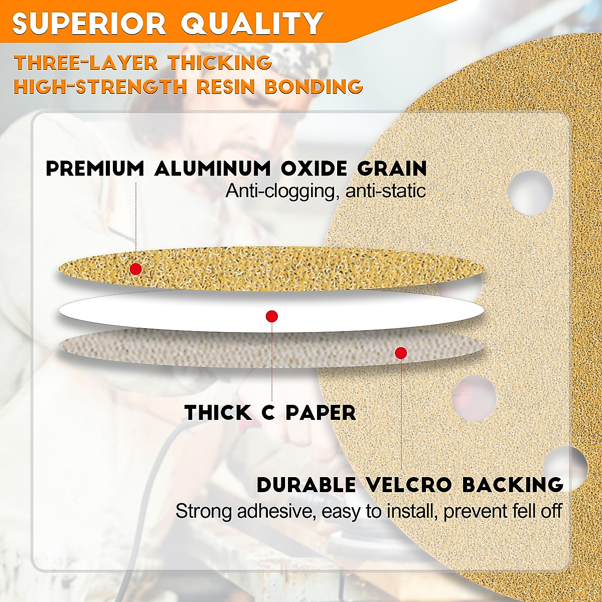 Mestool 5-Inch 8-Hole Hook and Loop Gold Sanding Discs, Box of 50 Sandpaper Include 60 80 120 150 and 220 Grits