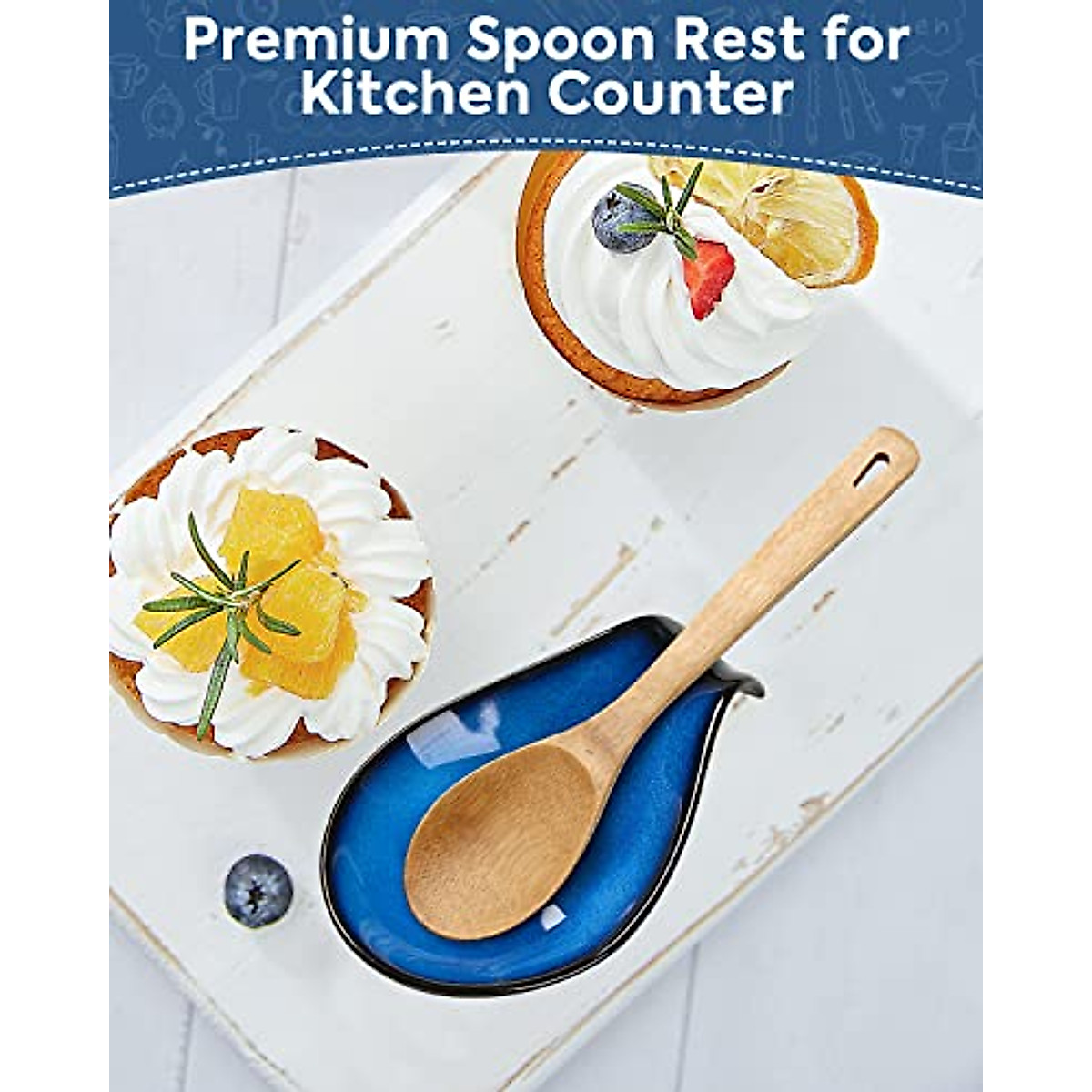 Uniidea Ceramic Spoon Rest, Spoon Rest for Kitchen Counter, Spoon Holder for Stove Top, Coffee Cooking Farmhouse 4inch, Blue