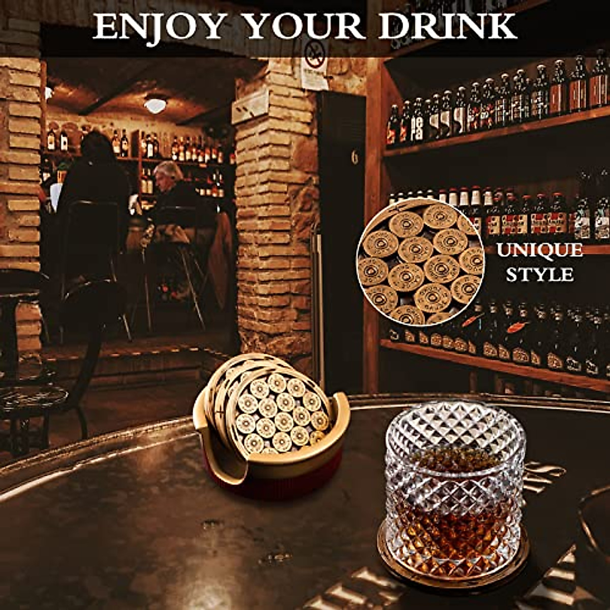 Gifts for Men or Women, 12 Gauge Shell Creative Coasters for Drinks, Coasters with Holder for Coffee Table, Wooden Table, Outdoor, Living Room, Kitchen, Rustic Bar Decorations