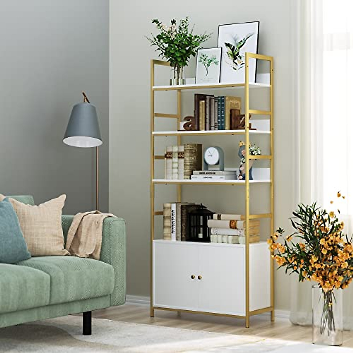 finetones Bookshelf with 2 Cabinets, 71" White and Gold Bookshelf with Doors and Metal Frame, Free Standing Bookshelf Cabinet Display Storage Rack Shelves for Bedroom Living Room Office