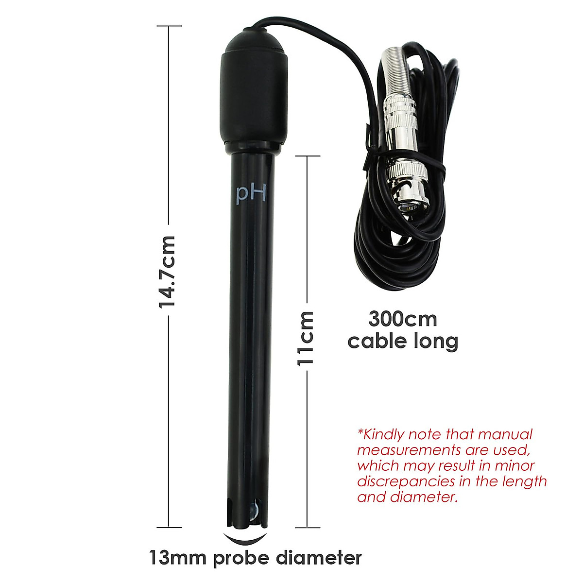 0-14 pH Electrode Probe BNC Connector, 300cm Cable for PH Meter Monitor Controller Test Sensor, Replacement Kit for Aquarium Hydroponics Plant Pool Spa