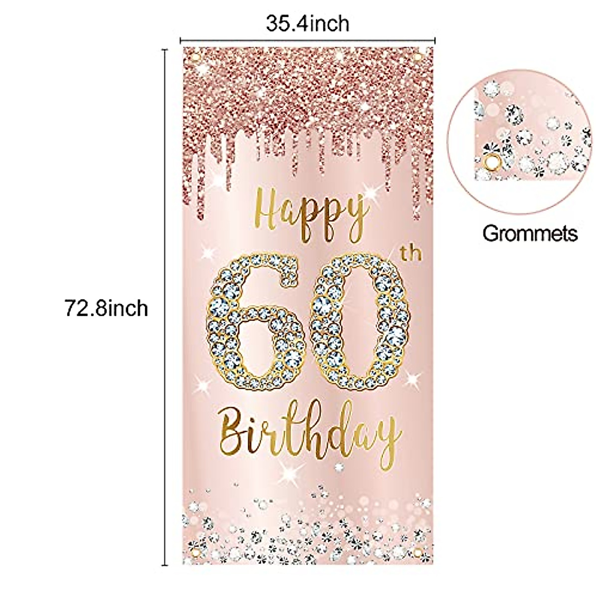 60th Birthday Door Banner Decorations for Women, Pink Rose Gold Happy 60th Birthday Door Cover Backdrop Party Supplies, Large Sixty Year Old Birthday Poster Sign Decor