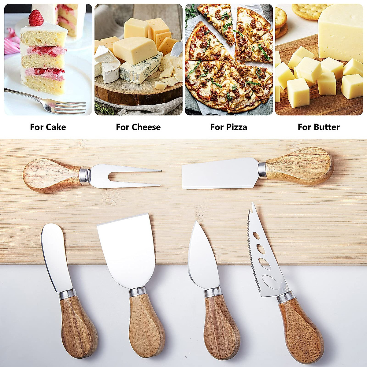 HyChill Cheese Knife Set 4/6/8-piece Cheese Knife with Acacia Wood Handle Stainless Steel Cheese Slicer Cheese Cutter… (8, B)